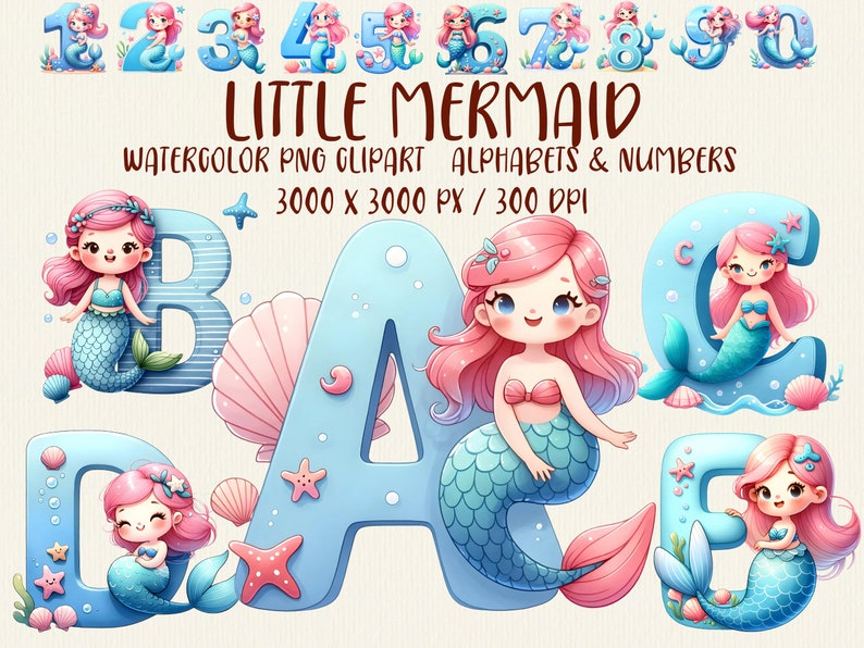 Mermaid Clipart Alphabet Png Font Doodle Letter Watercolor Sublimation ...