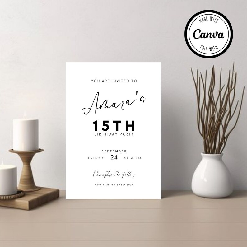 Minimalist 15th Birthday Invitation Editable Printable | Digital Print ...