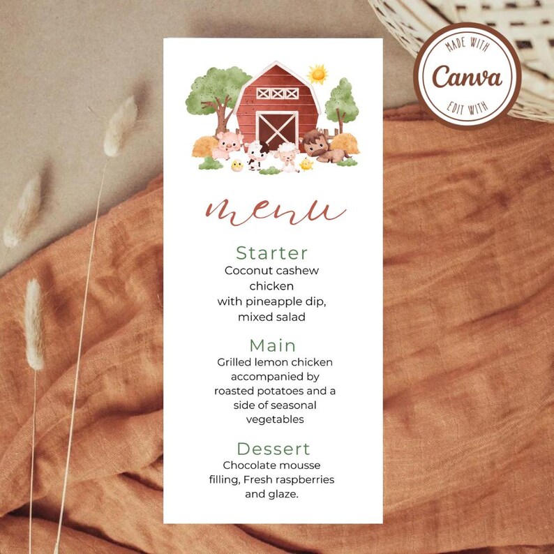 Farm Animal Theme Editable Menu Card, Editable Farm Menu Card, Digital ...