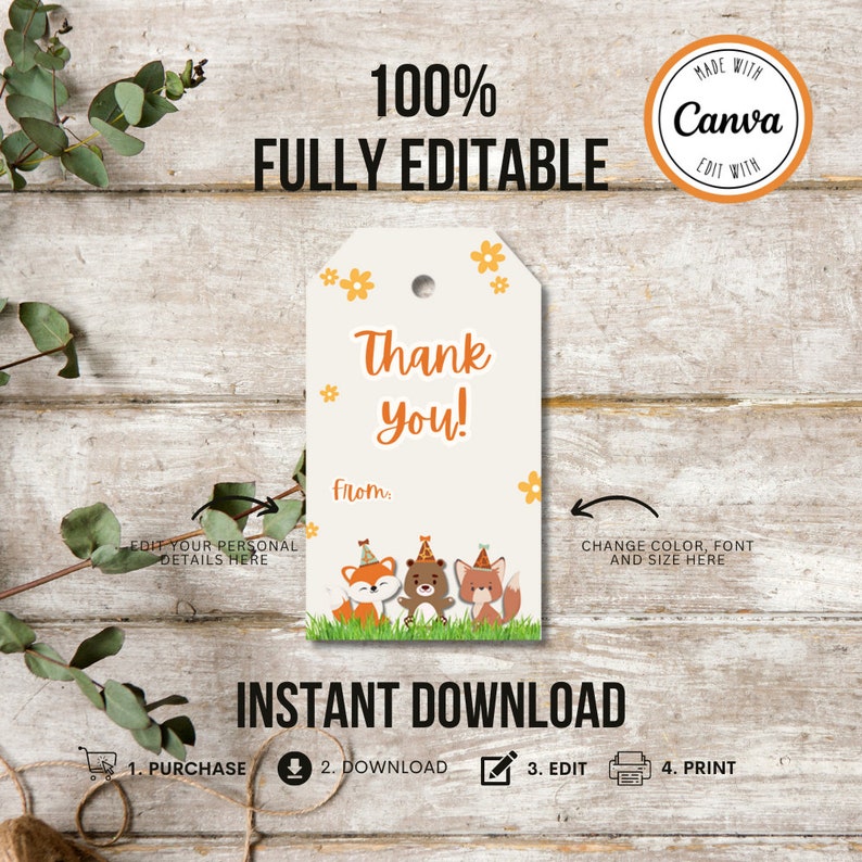 Woodland Animals Thank You Tags | Favor Tags Editable Printable ...