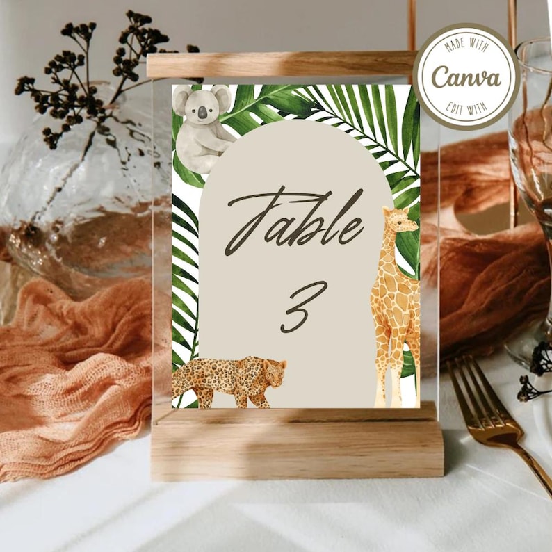 Jungle Theme Editable Table Number Sign, Jungle Birthday Table Card ...