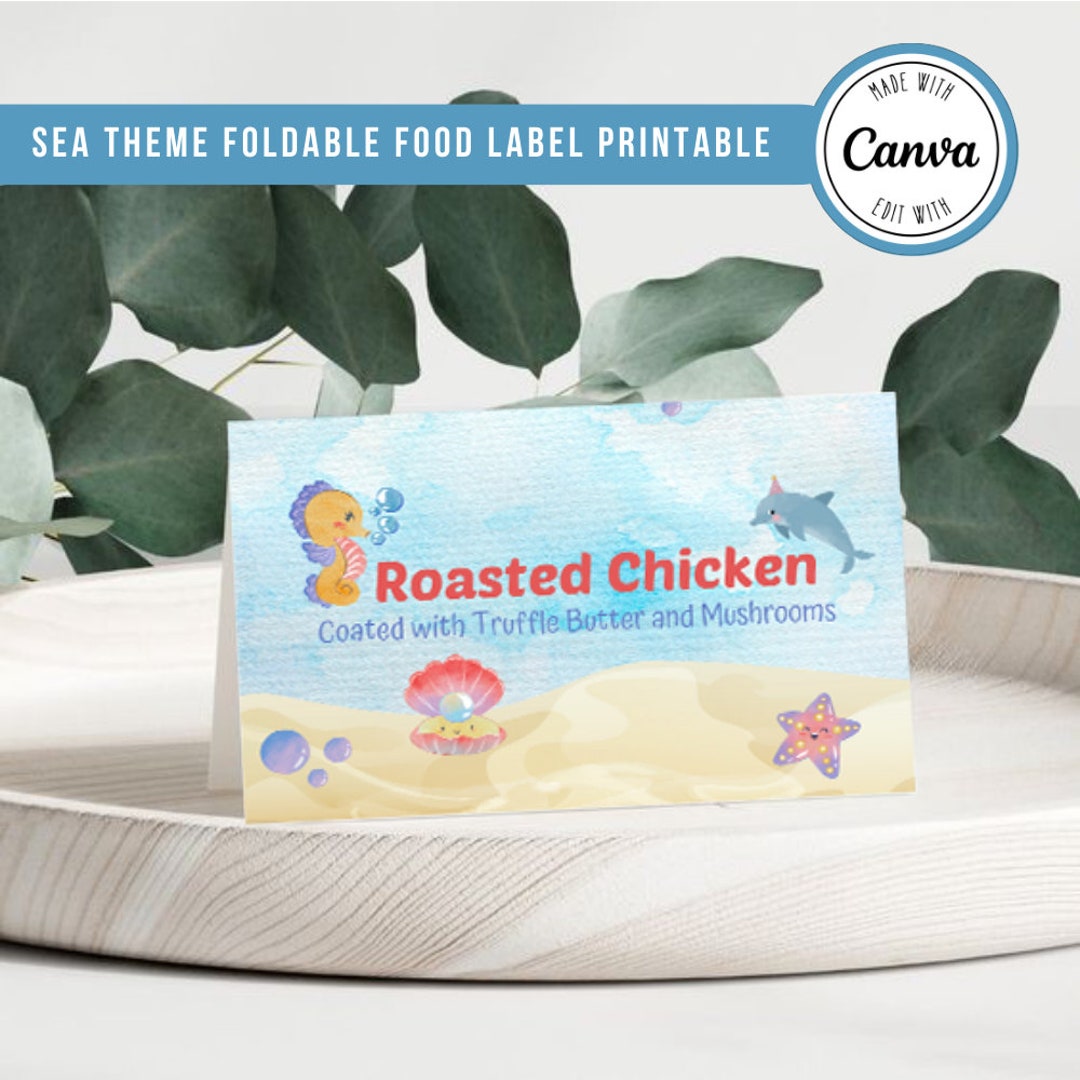Sea Theme Food Label Card Digital Printable | Buffet Card Template ...