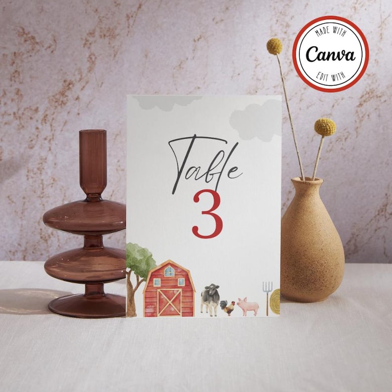 Farm Animals Table Number Sign: Birthday Party Decor (canva Editable ...