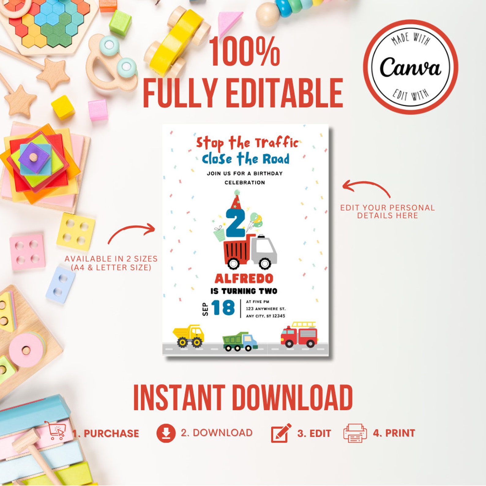 Road Trucks Theme Birthday Invitation Editable Printable | Digital ...