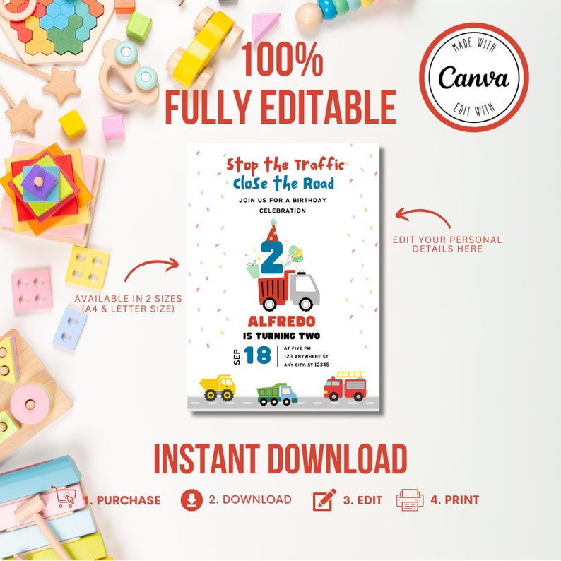Road Trucks Theme Birthday Invitation Editable Printable | Digital ...