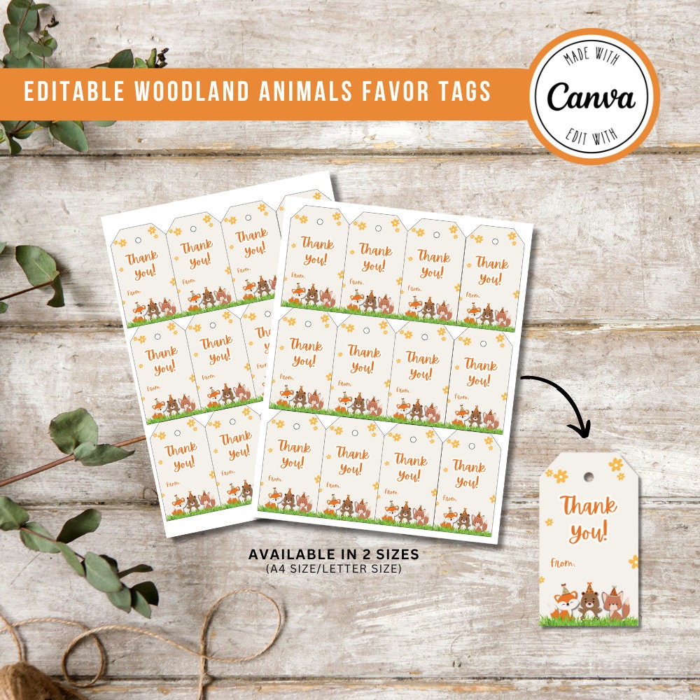 Woodland Animals Thank You Tags | Editable Favor Tags (digital Prints ...