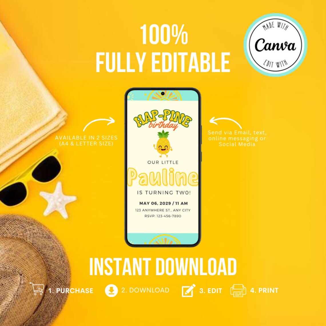 Pineapple Birthday Invitation | Editable Canva Template (digital ...