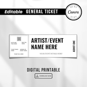 Editable Event Ticket Template | Concert, Party (canva, Digital ...