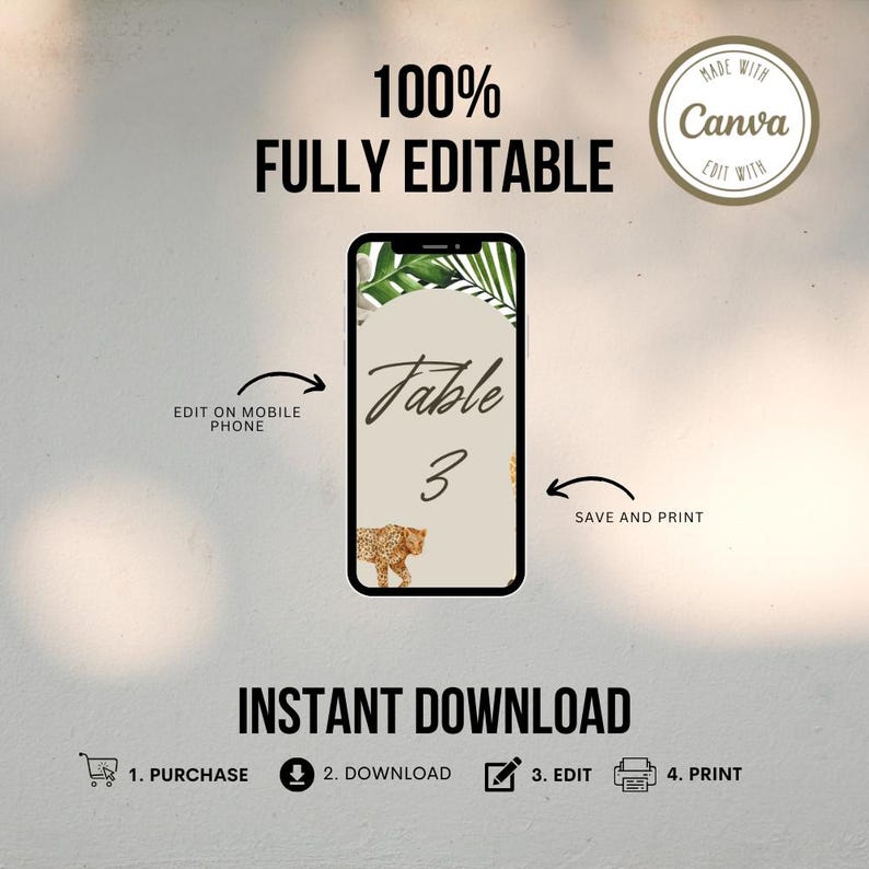 Jungle Theme Editable Table Number Sign, Jungle Birthday Table Card ...