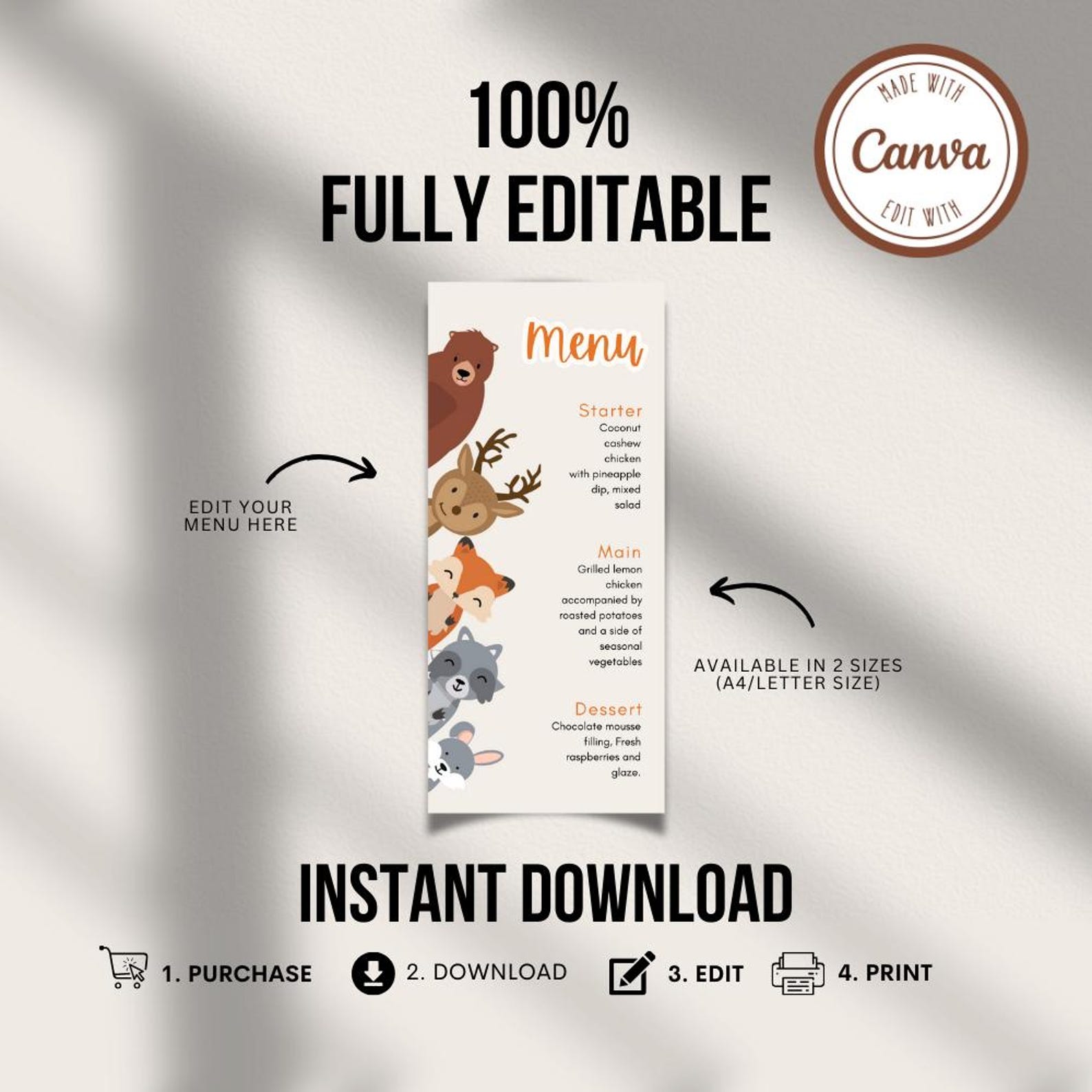 Woodland Animals Menu Card: Editable Birthday Party Printable (canva ...