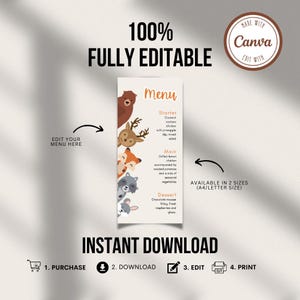 Woodland Animals Menu Card: Editable Birthday Party Printable (canva ...
