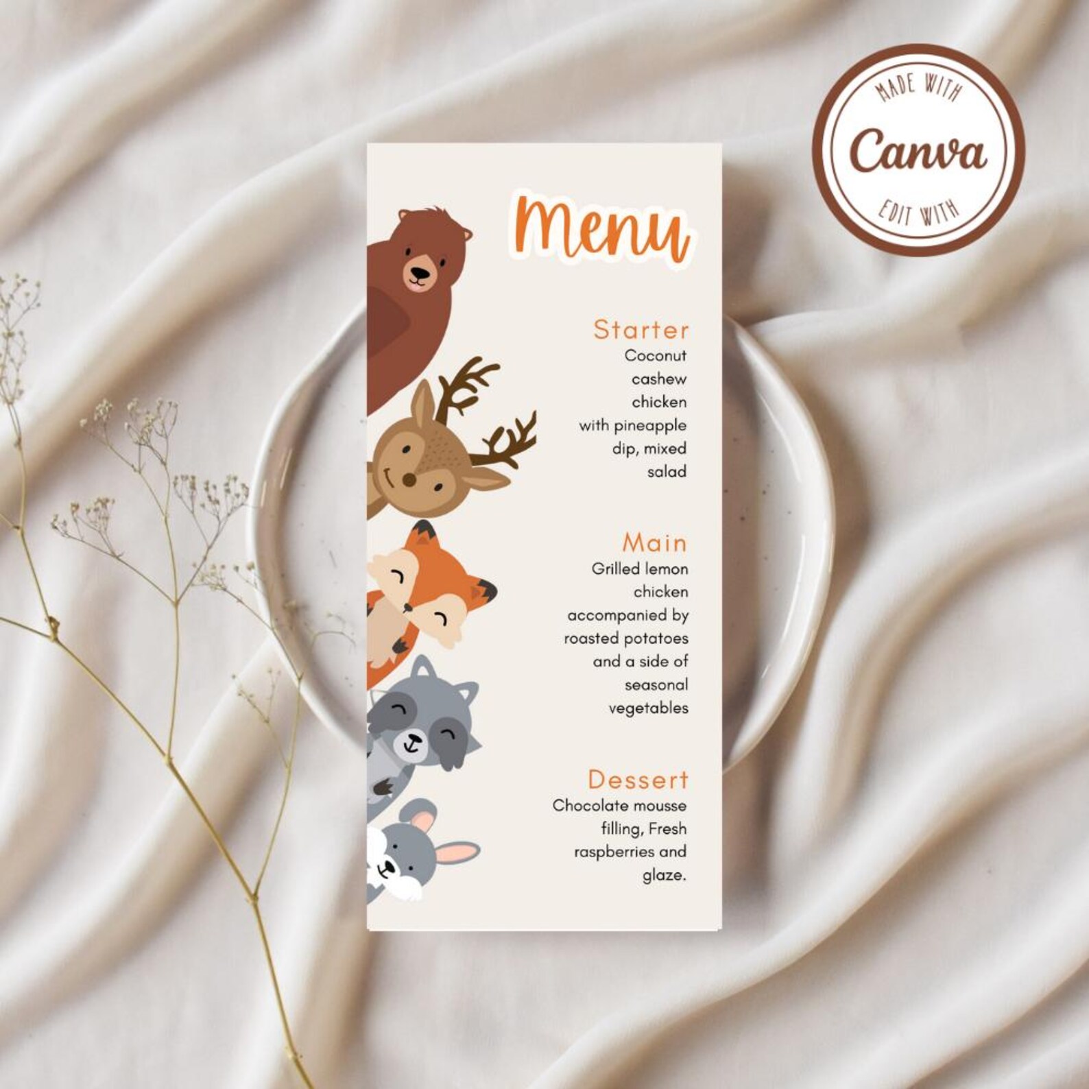 Woodland Animals Menu Card: Editable Birthday Party Printable (canva ...