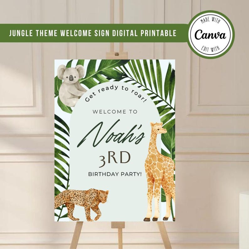Jungle Birthday Welcome Sign: Editable Animal Theme (canva, Instant ...
