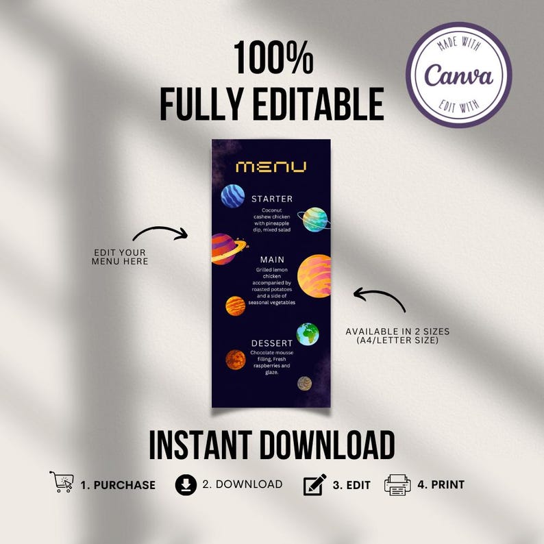 Space Birthday Menu Card: Editable Outer Space Theme (digital Printable ...