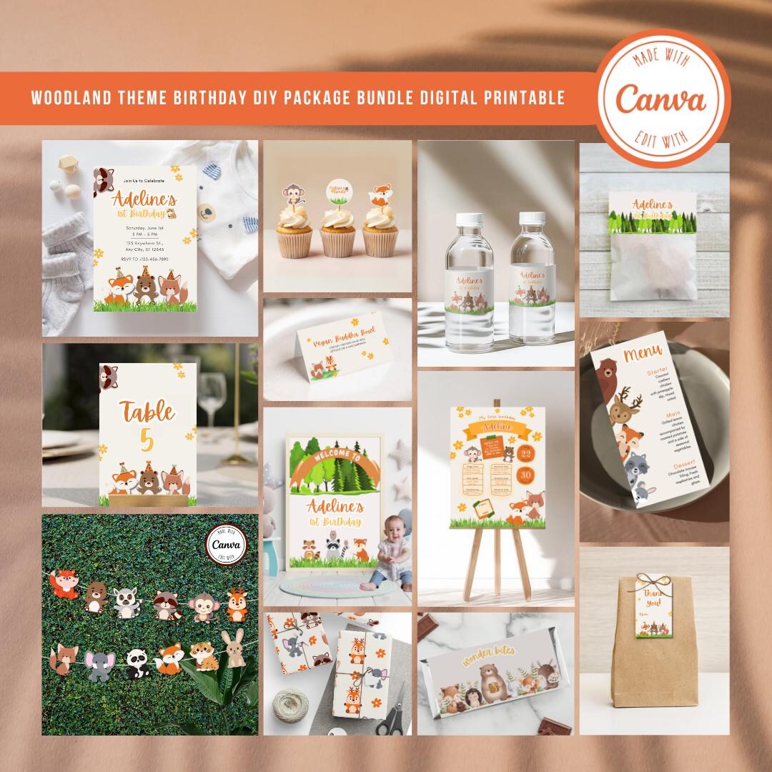 Woodland Animal Theme Birthday Bundle Digital Printable, Woodland ...