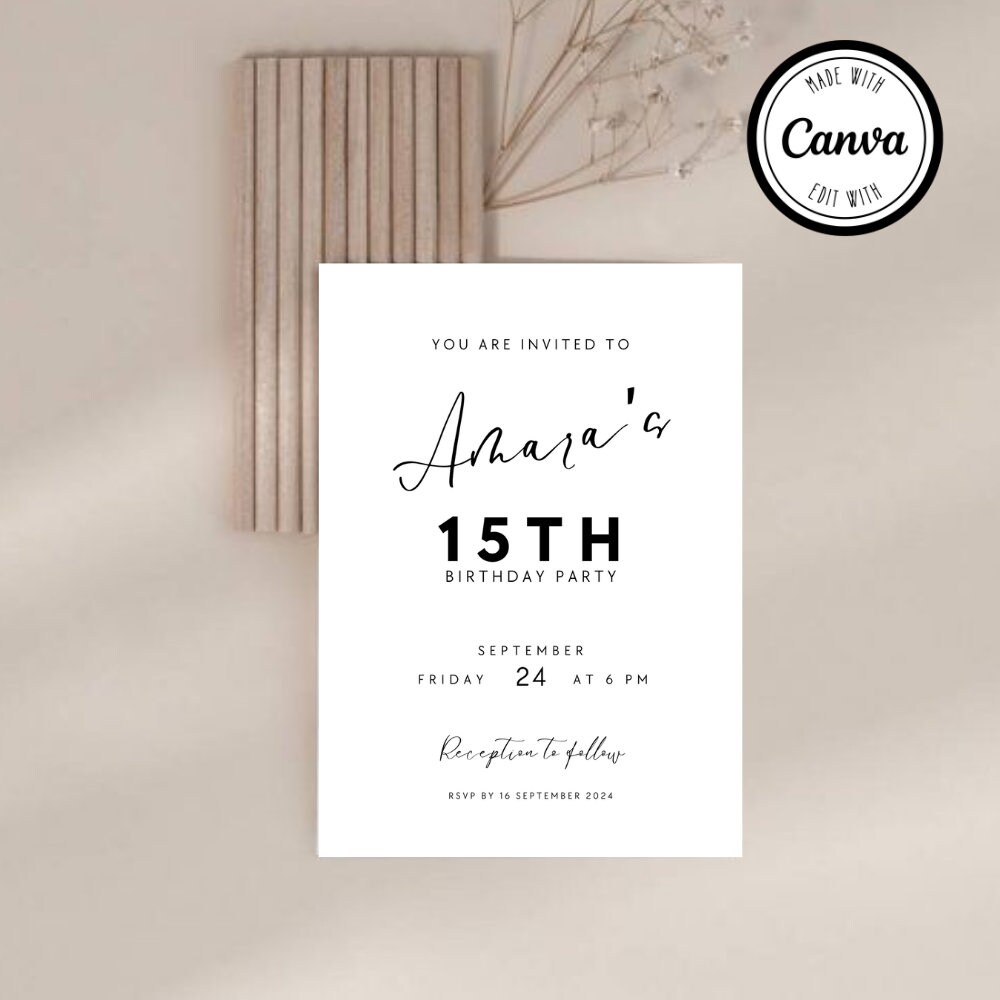 Minimalist 15th Birthday Invitation Editable Printable | Digital Print ...