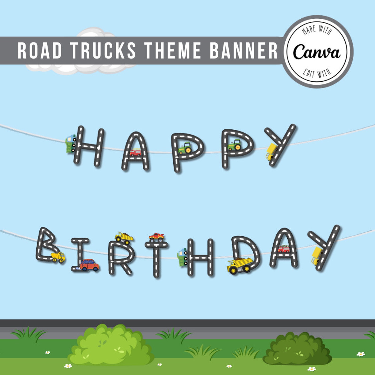 Road Trucks Theme Letters Printable Bunting Banner | Digital Printable ...