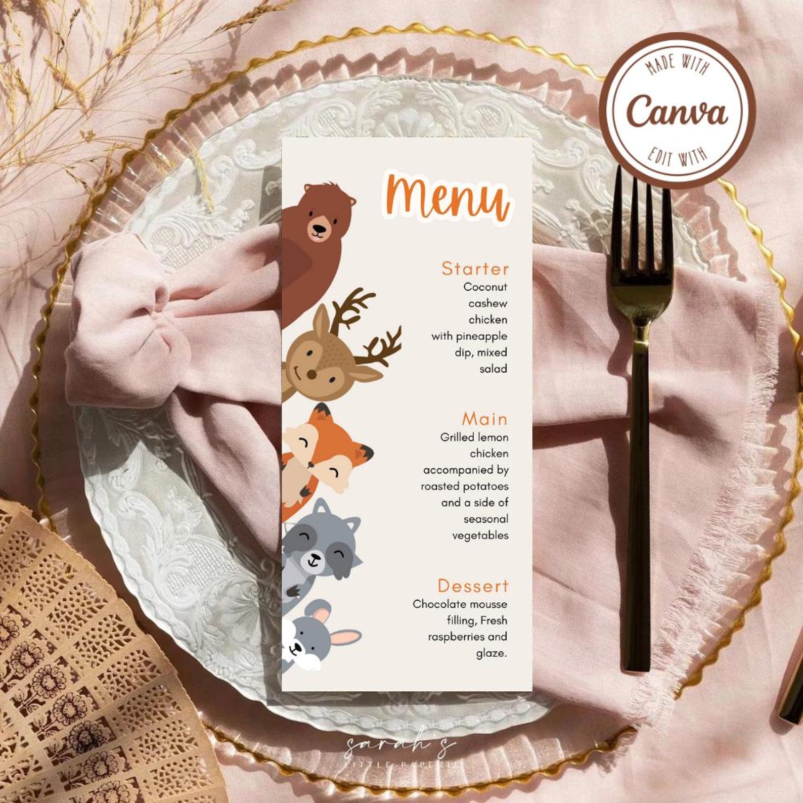 Woodland Animals Menu Card: Editable Birthday Party Printable (canva ...
