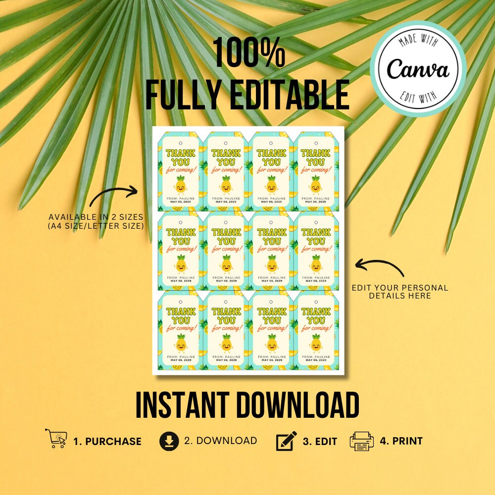 Pineapple Theme Thank You Tags | Favor Tags Editable Printable ...