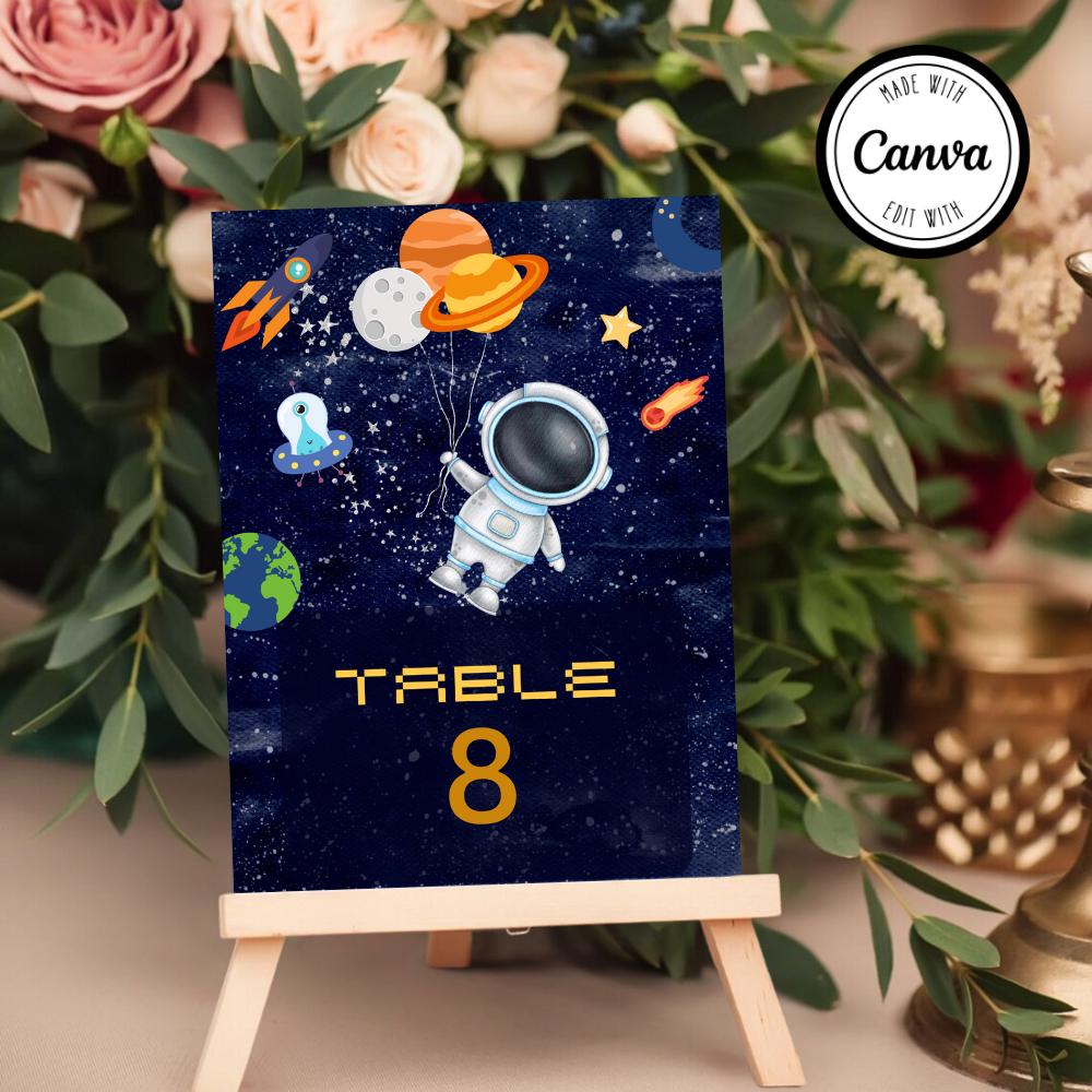 Space Theme Editable Table Number Sign, Modern Birthday Table Card ...