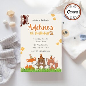 Woodland Animals Birthday Invitation | Editable Canva Template (digital ...