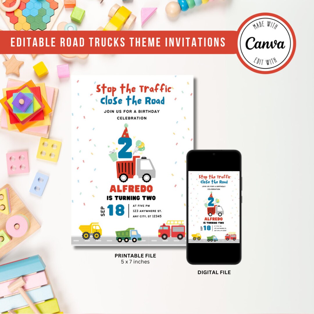 Road Trucks Theme Birthday Invitation Editable Printable | Digital ...