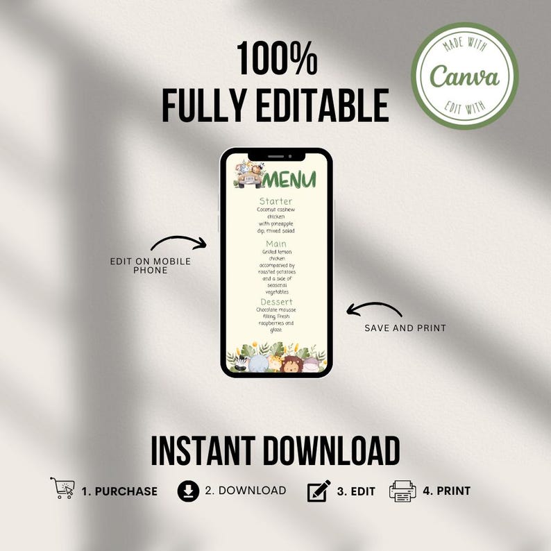 Safari Theme Menu Card: Editable Animal Design (canva Editable, Instant ...