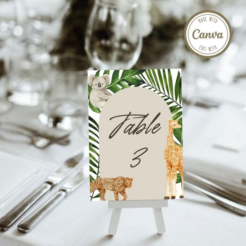 Jungle Theme Editable Table Number Sign, Jungle Birthday Table Card ...
