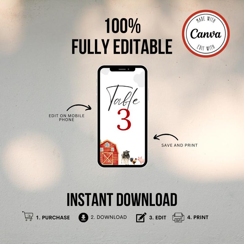 Farm Animals Table Number Sign: Birthday Party Decor (canva Editable ...