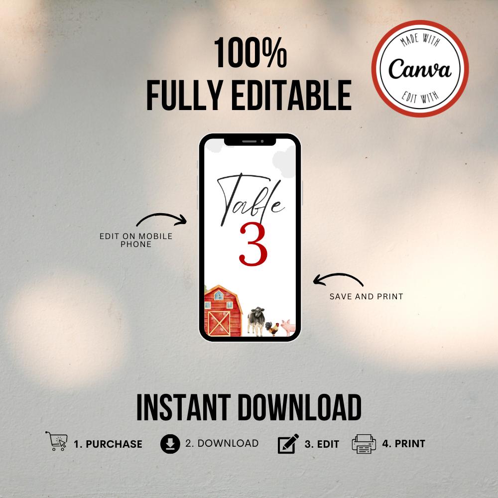 Farm Animals Theme Editable Table Number Sign, Modern Birthday Table ...