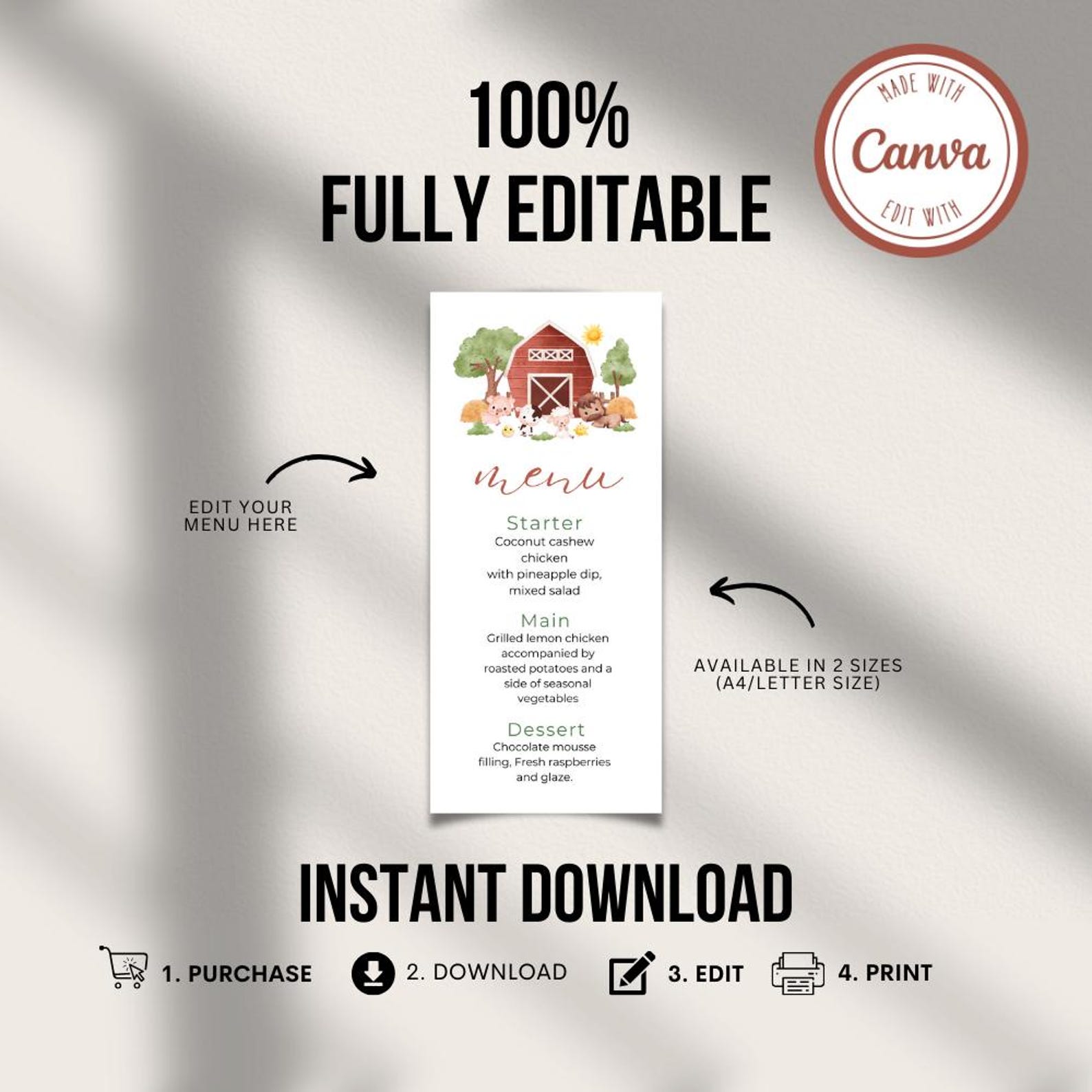 Farm Animal Theme Editable Menu Card, Editable Farm Menu Card, Digital ...