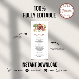 Farm Animal Theme Editable Menu Card, Editable Farm Menu Card, Digital ...
