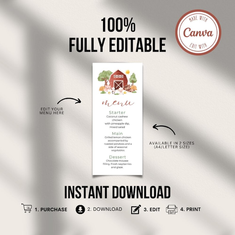 Farm Animal Theme Editable Menu Card, Editable Farm Menu Card, Digital ...