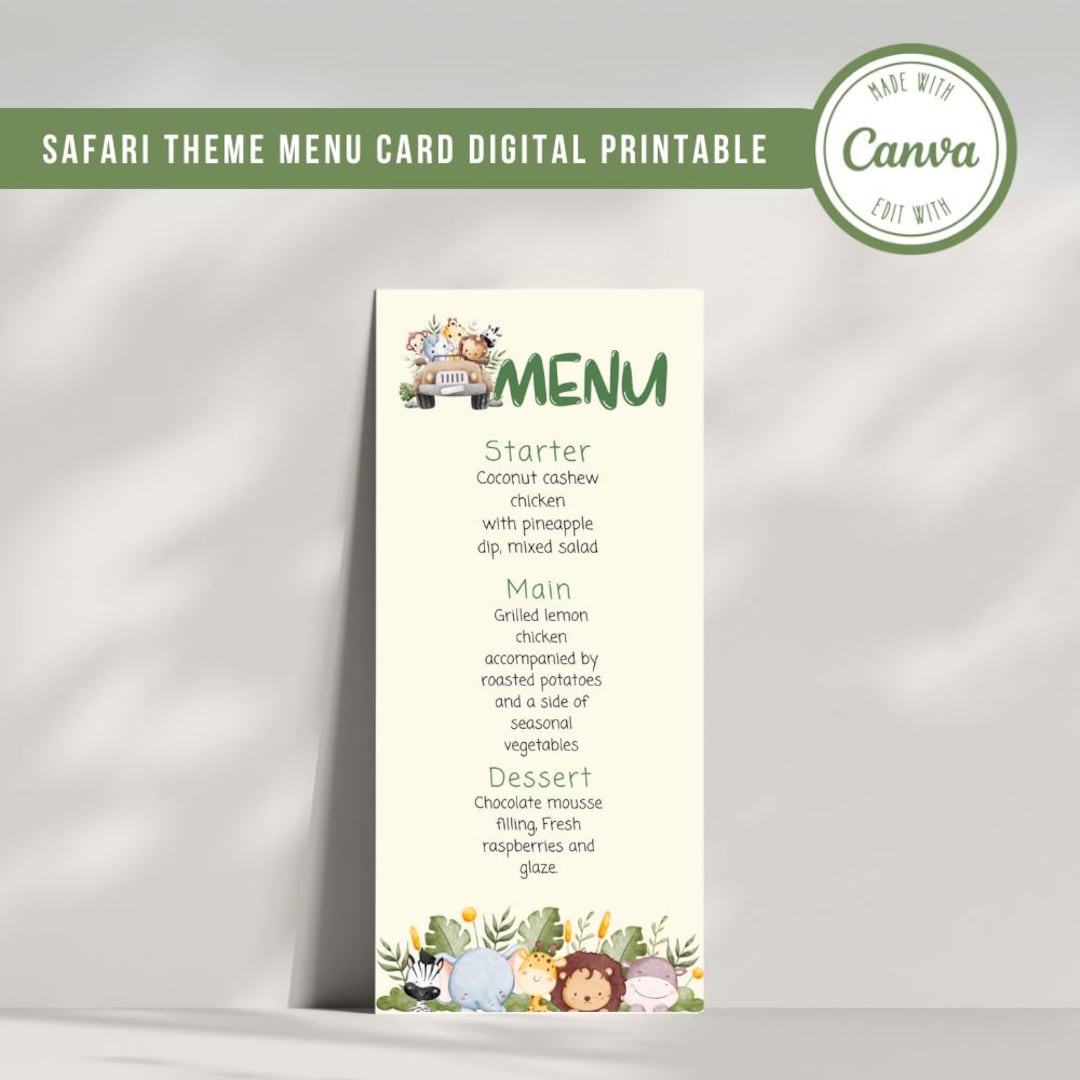 Safari Theme Menu Card: Editable Animal Design (canva Editable, Instant ...