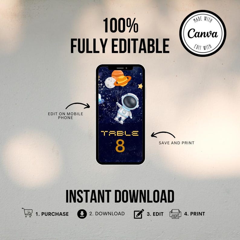 Space Birthday Table Number Sign: Editable Canva Template (digital ...
