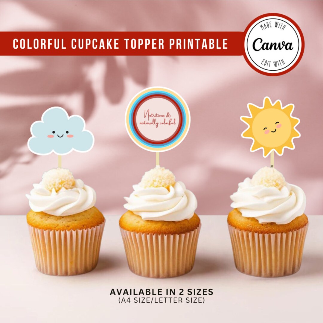 Colorful Cupcake Topper Printable: Birthday Party Decor (canva Editable ...