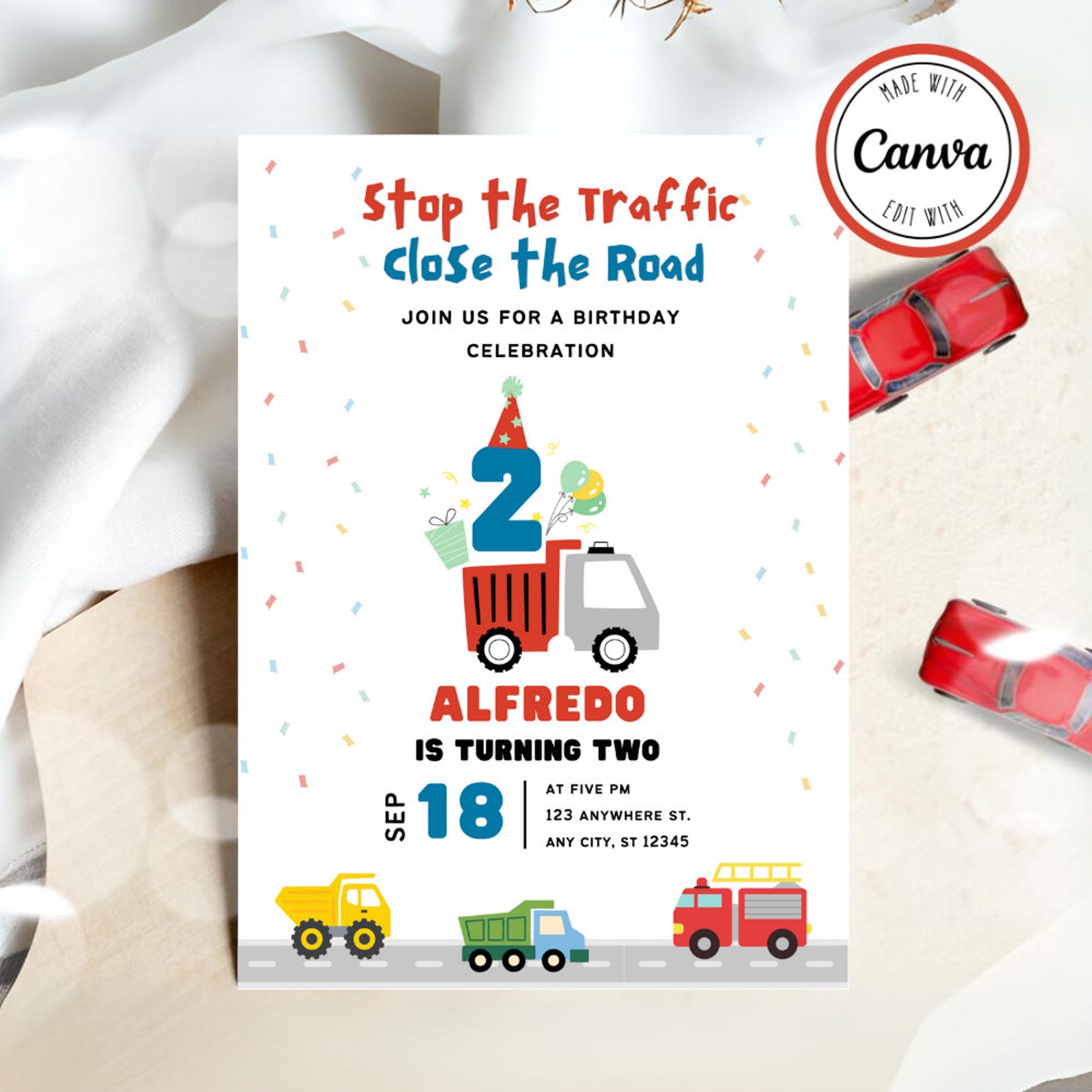 Road Trucks Theme Birthday Invitation Editable Printable | Digital ...