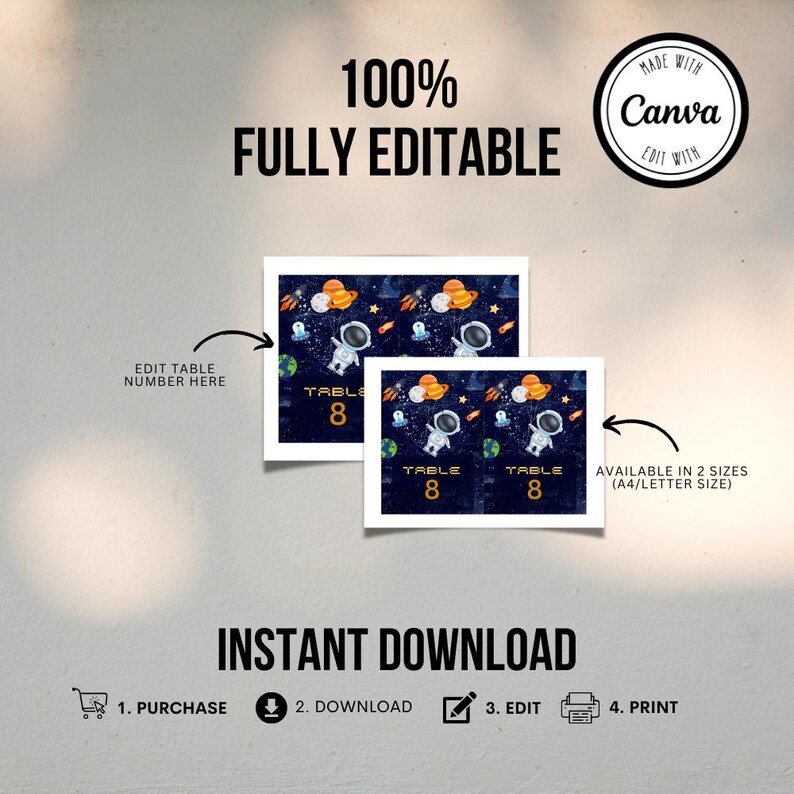 Space Theme Editable Table Number Sign, Modern Birthday Table Card ...