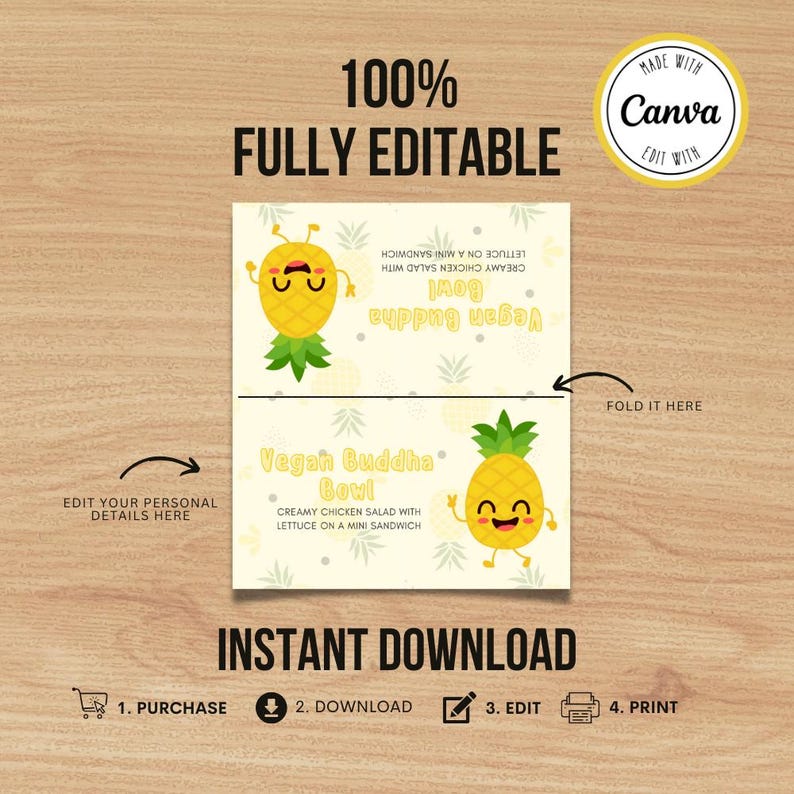 Pineapple Theme Food Label Card: Foldable Buffet Labels (digital ...
