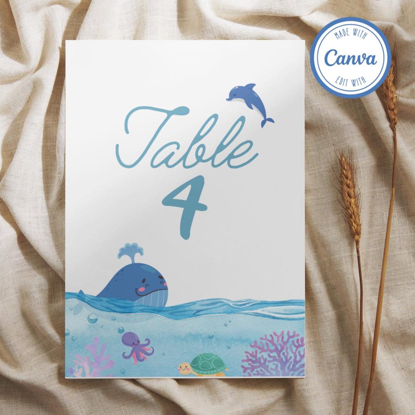 Sea Theme Editable Table Number Sign, Modern Birthday Table Card ...