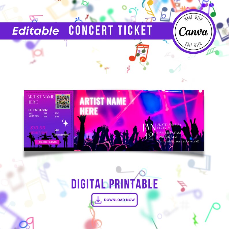 Editable Concert Ticket | Canva Template Printable | Instant Concert ...