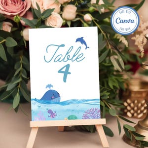 Sea Theme Editable Table Number Sign, Modern Birthday Table Card ...