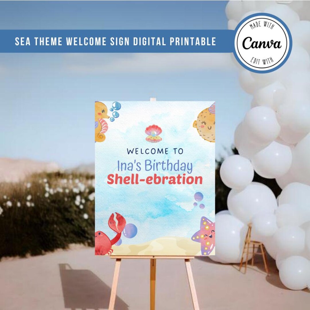 Sea Theme Birthday Welcome Sign: Editable Canva Template (canva ...