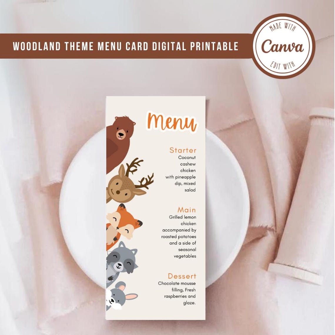 Woodland Animals Menu Card: Editable Birthday Party Printable (canva ...