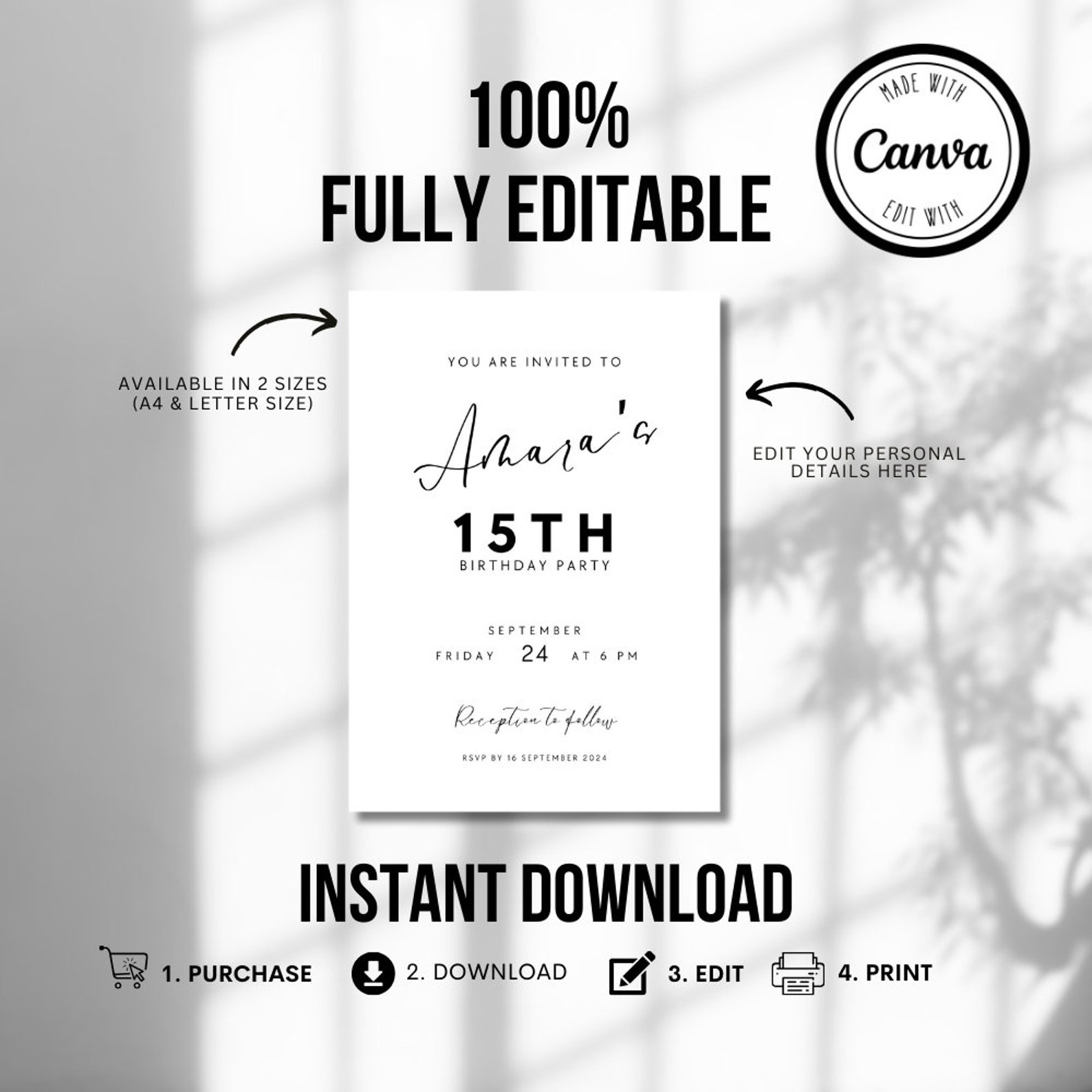 Minimalist 15th Birthday Invitation Editable Printable | Digital Print ...