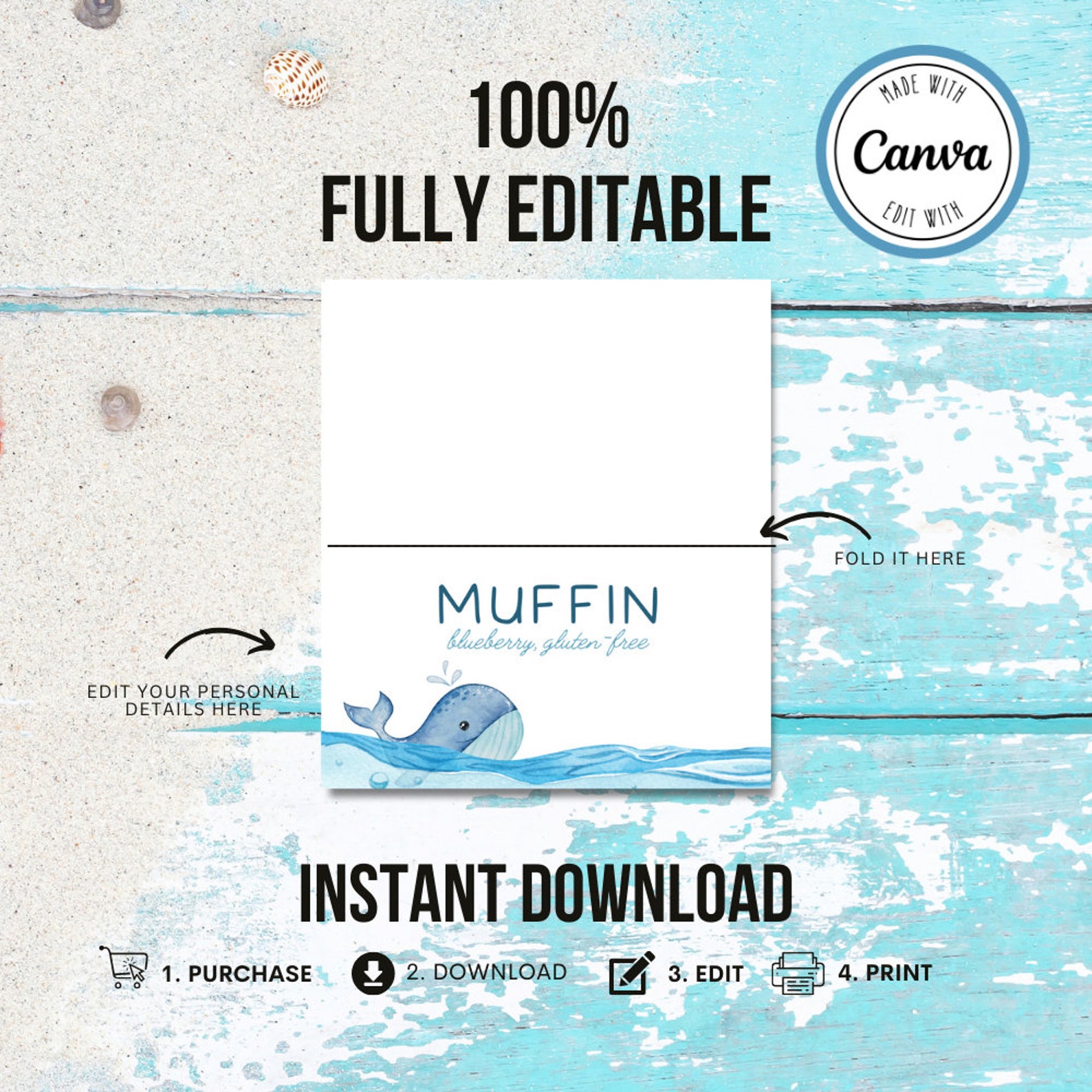 Sea Theme Food Label Card Digital Printable | Buffet Card Template ...
