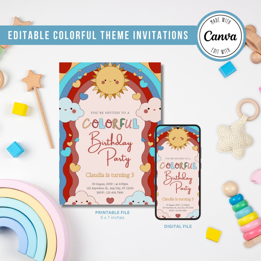 Colorful Theme Birthday Invitation Editable Printable | Digital Print ...