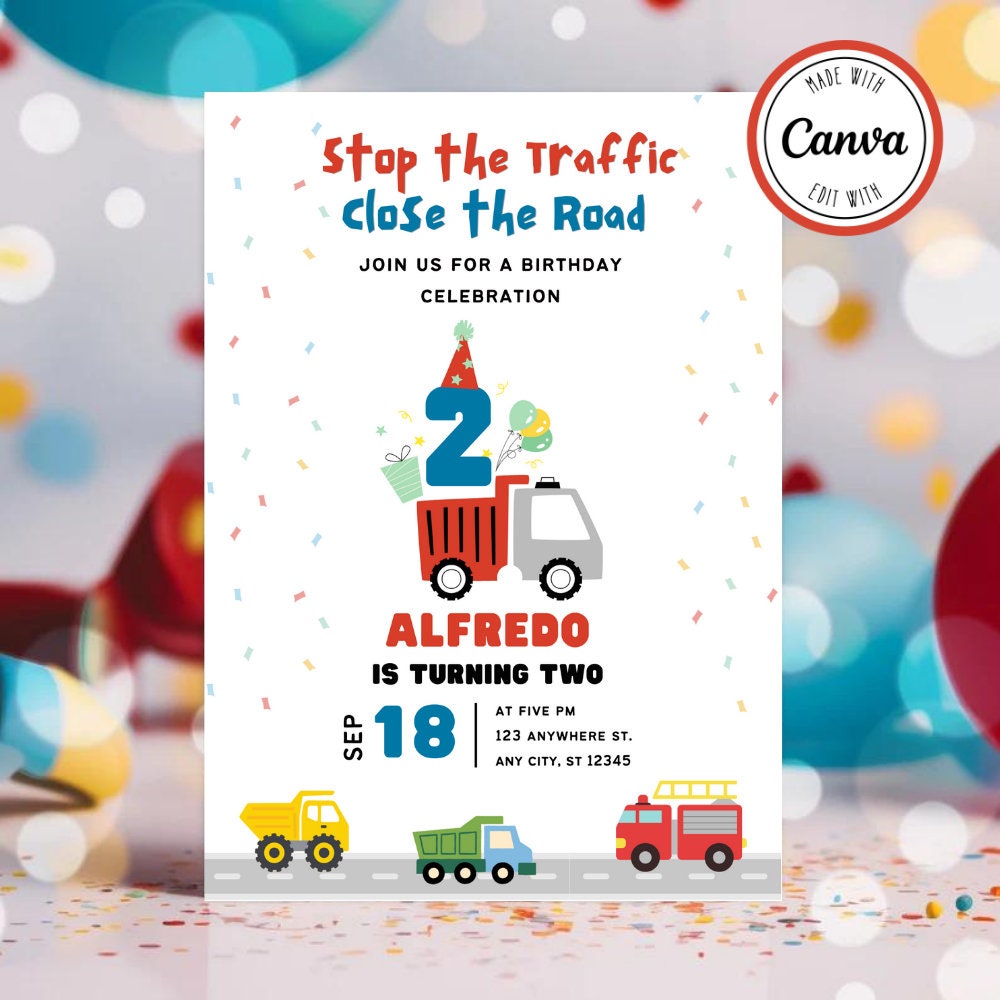 Road Trucks Theme Birthday Invitation Editable Printable | Digital ...