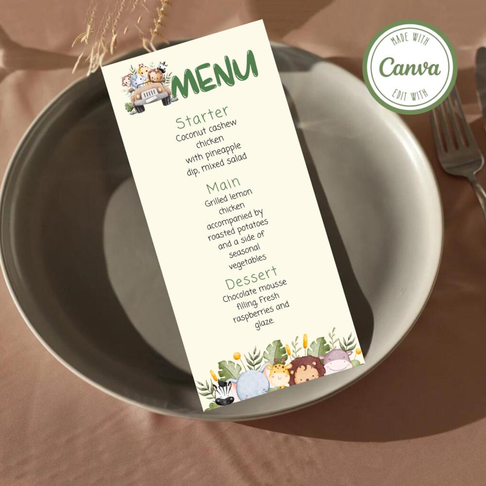 Safari Theme Menu Card: Editable Animal Design (canva Editable, Instant ...