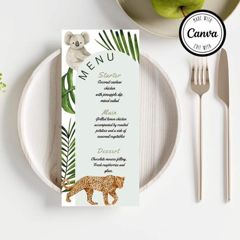 Jungle Theme Editable Menu Card, Editable Jungle Birthday Menu Card ...